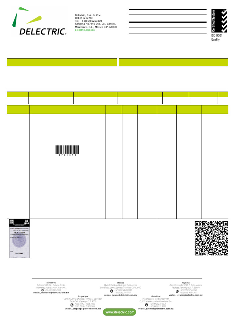 Delectric, S.A. de C.V. DEL9112172G8 Tel. +52 (81) 81253300 Reforma No ...