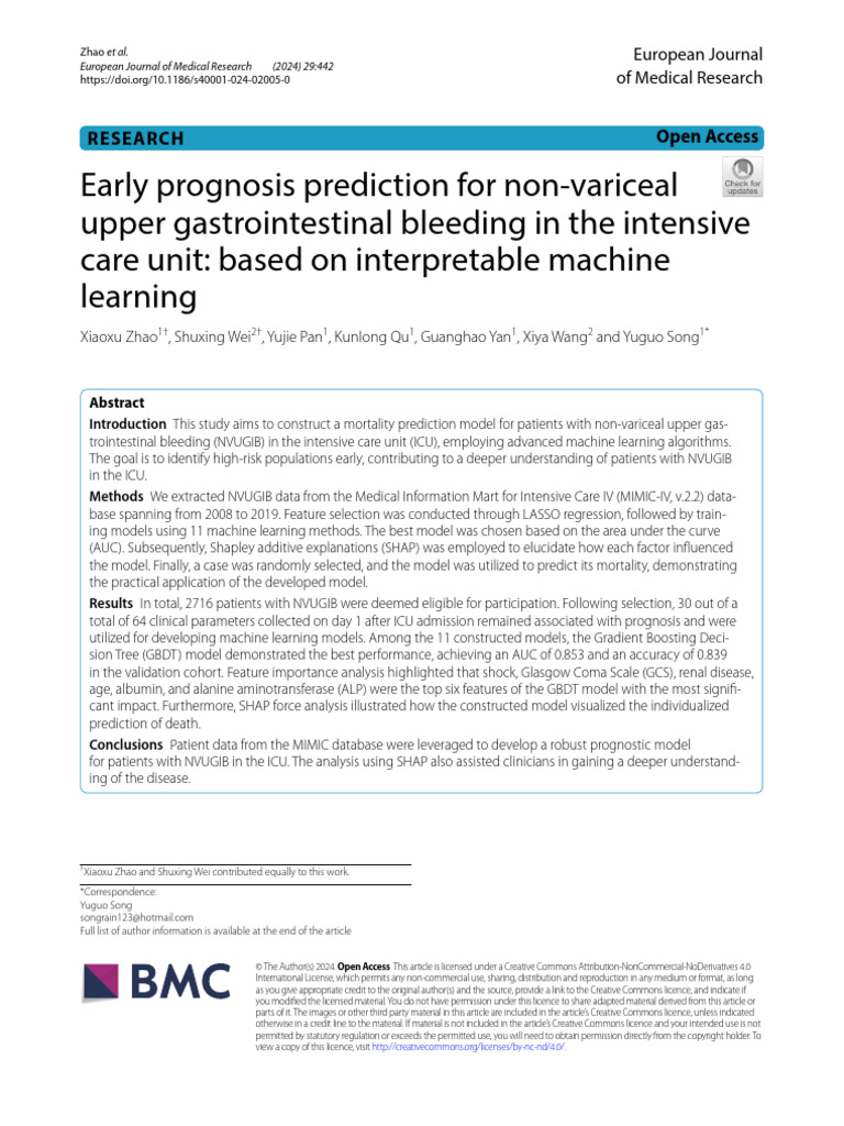Early Prognosis Prediction For Non-Variceal Upper Gastrointestinal ...