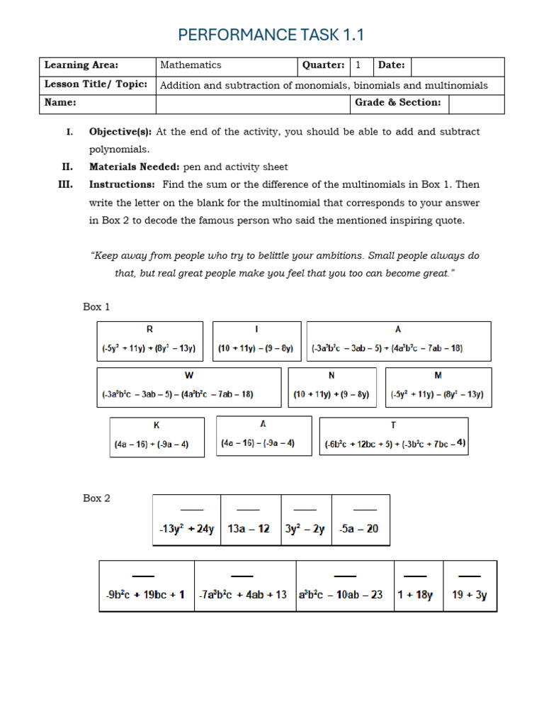 Performance Task 1.1 Math | PDF