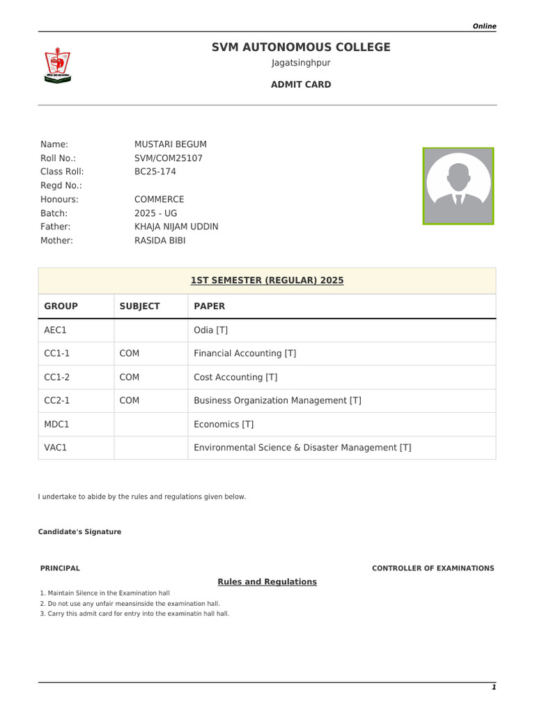 SVM Autonomous College: Admit Card | PDF