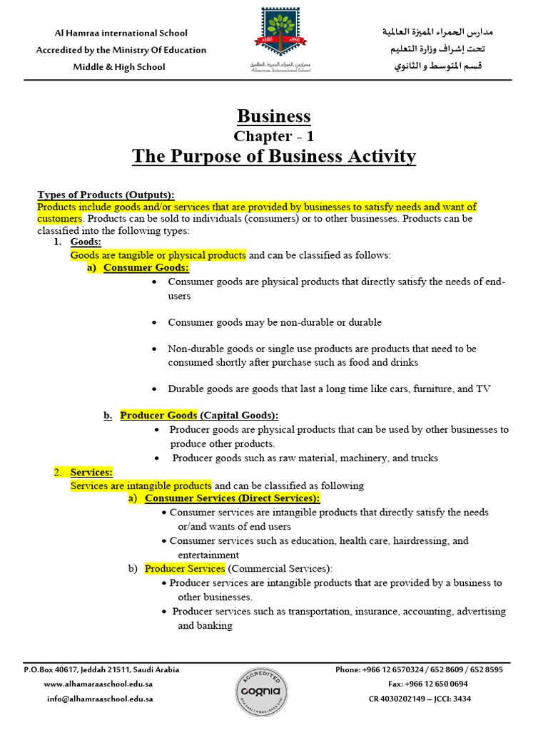 Chapter - 1 The Purpose of Business Activity | PDF | Goods | Labour ...
