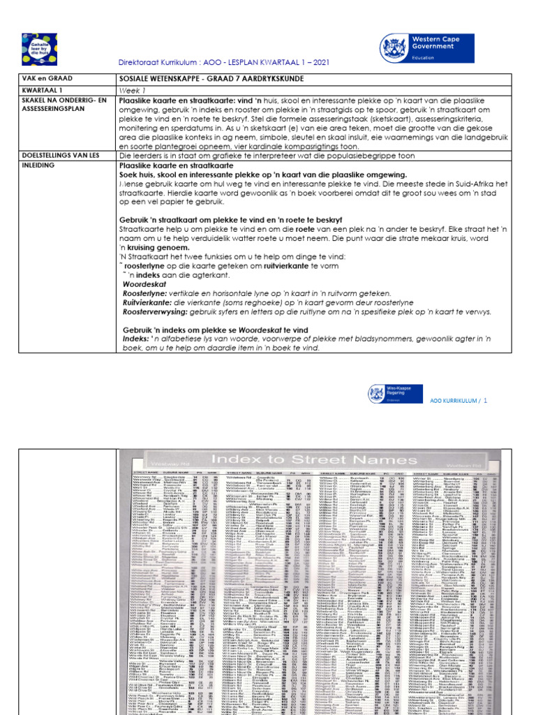 Lesplan SF Graad 7 SW Geografie K1 W1 | PDF