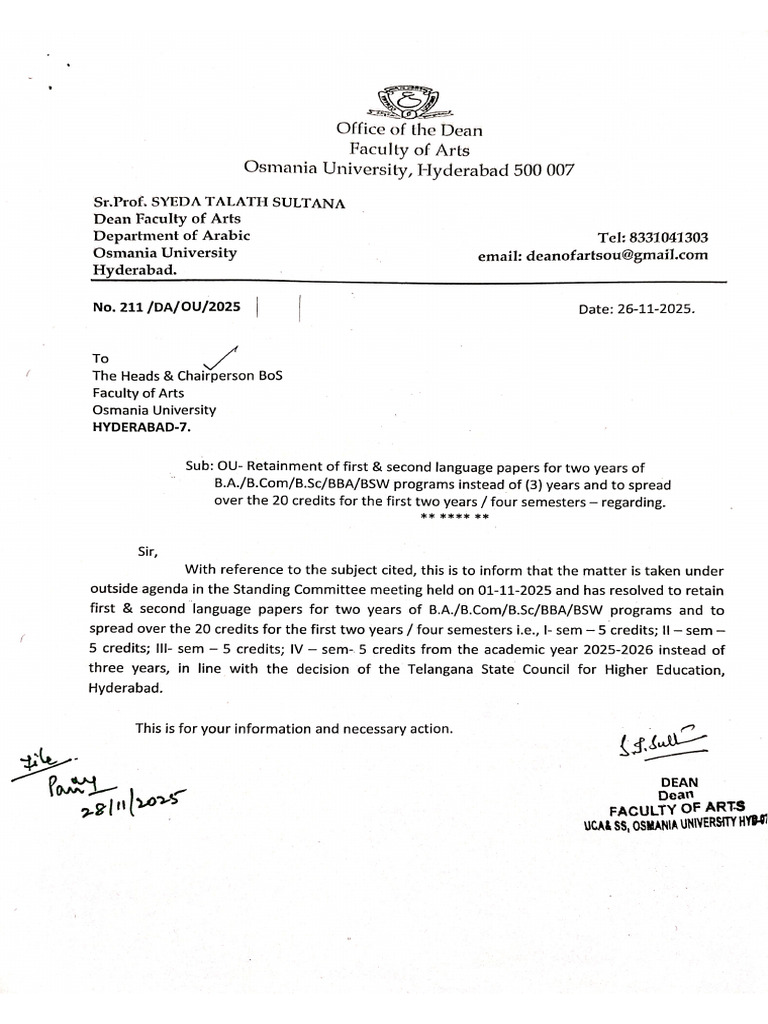 UG Gen English 2 Years - 20 Credits Wef 2025-26 Dean's Letter | PDF