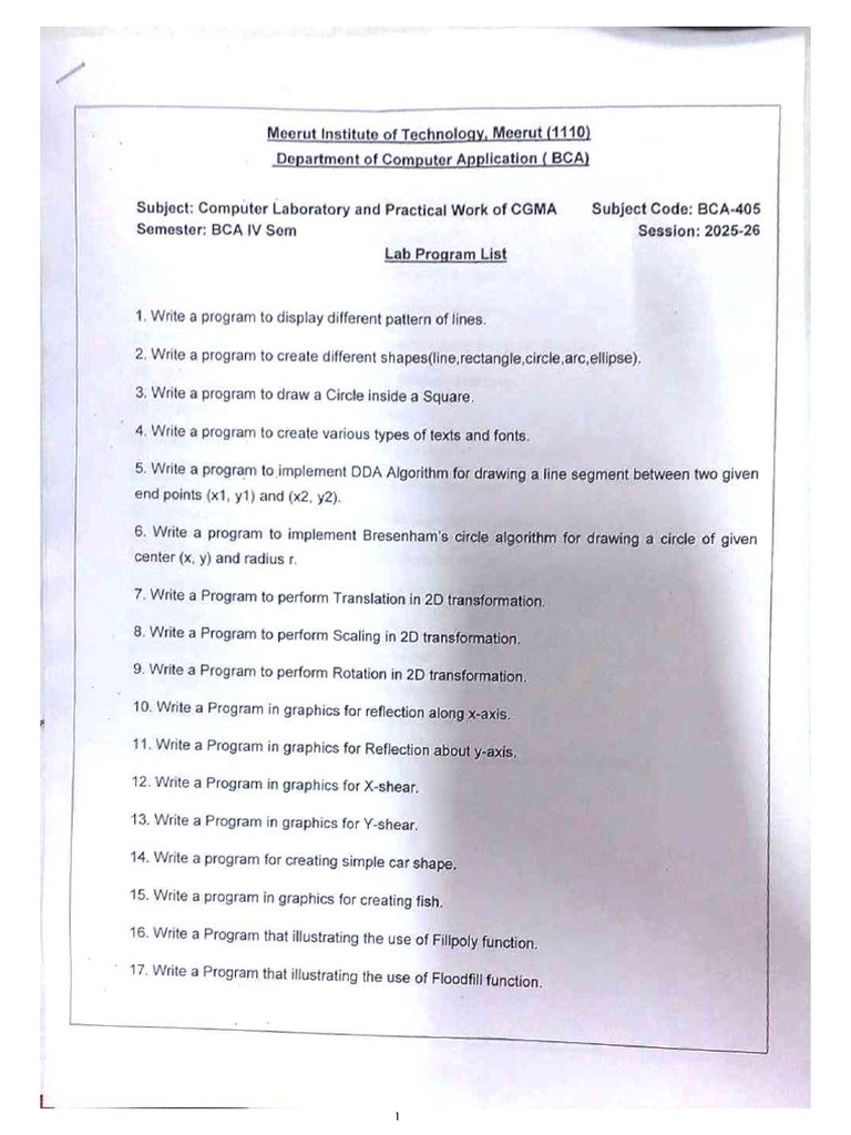 Lab List of CG (Bca 405) 2025-26 | PDF