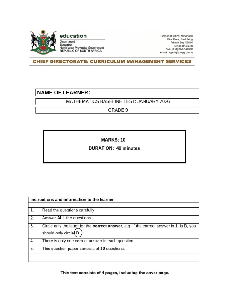 Grade 9 Term 1 2026 Mathematics Baseline Test | PDF | Square Root ...