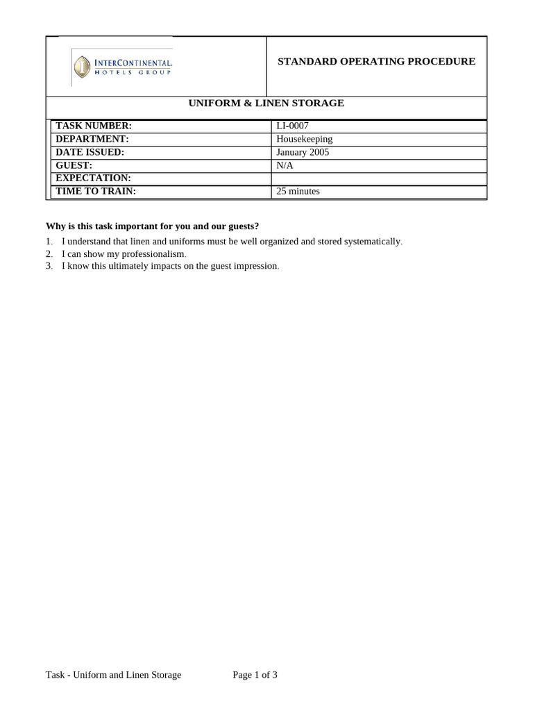 SOP Uniform and Linen Storage | PDF | Housekeeping