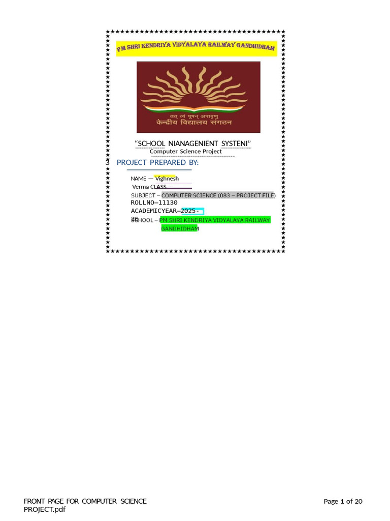 Front Page For Computer Science Project PDF | PDF | Information Privacy ...