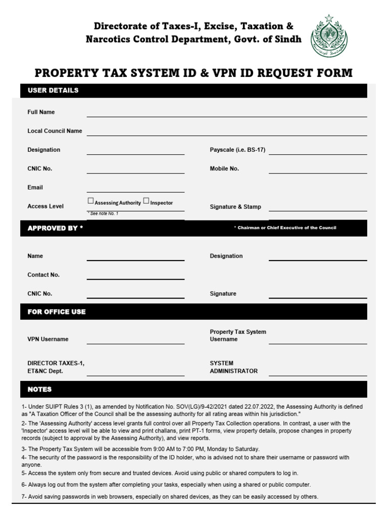 Property Tax System Id & VPN Id Request Form | PDF | Taxes | User ...