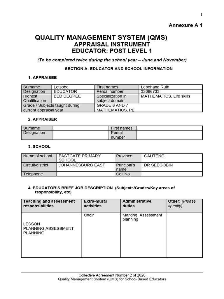 QMS Self-Appraisal PL1 Document (2) Letsobe | PDF | Educational ...