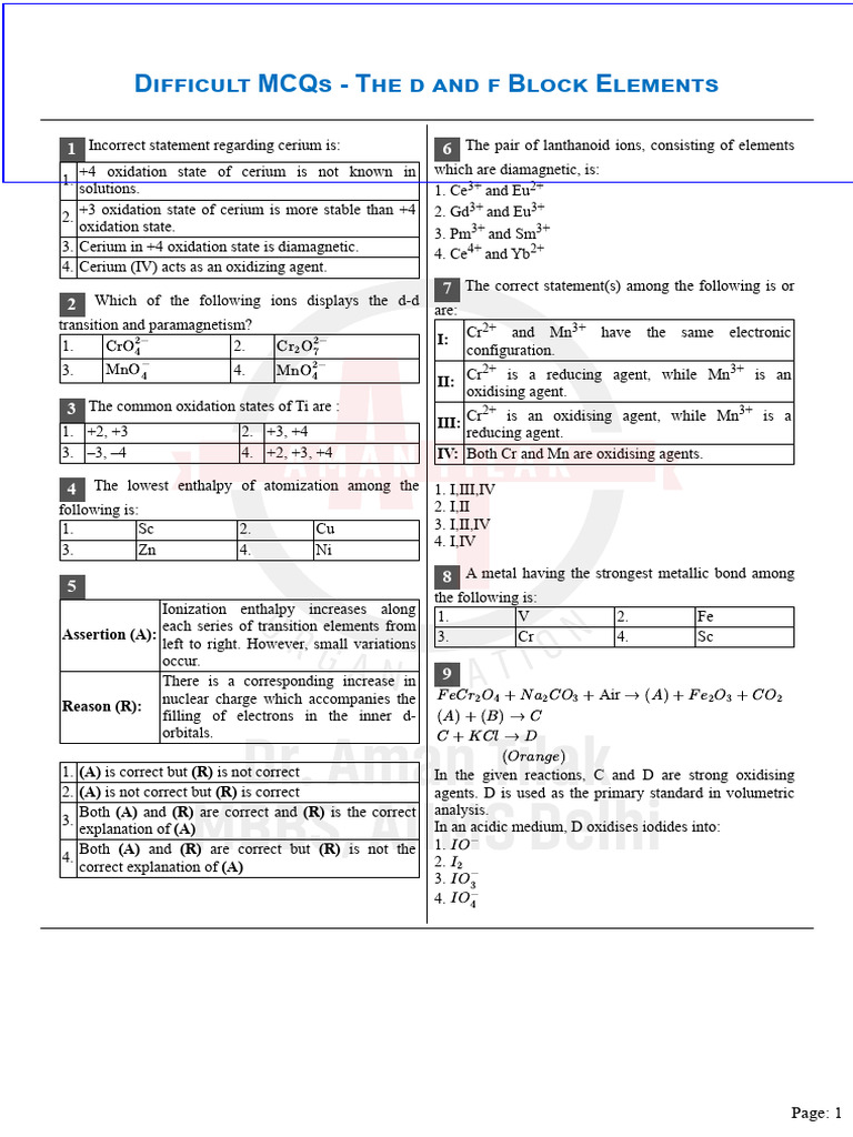 Difficult MCQs - The D and F Block Elements | PDF | Lanthanide ...