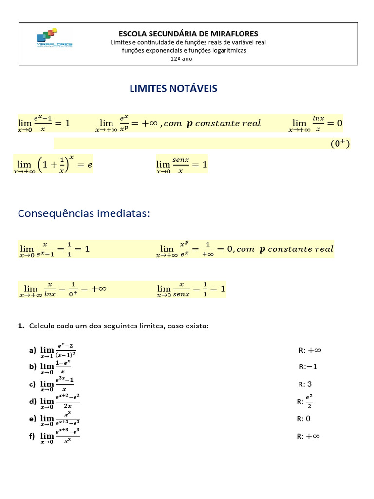Limites de Funções Exp e Log - 12º Ano | PDF