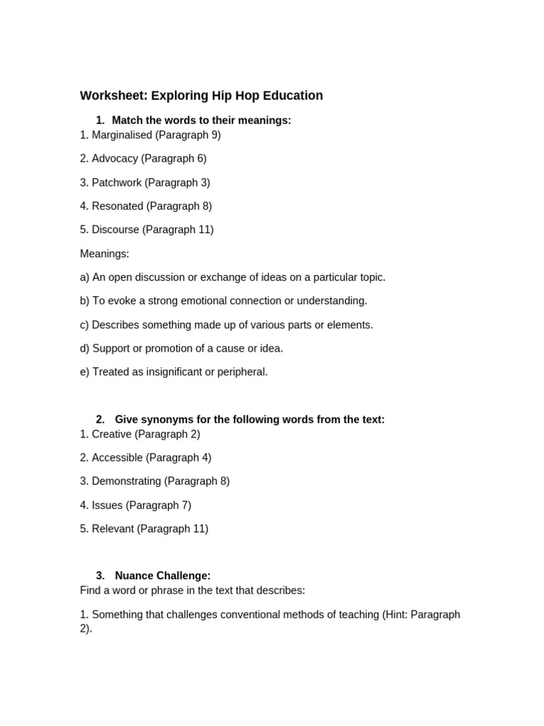 3.2.2 Hip Hop Education Worksheet | PDF | Paragraph | Linguistics