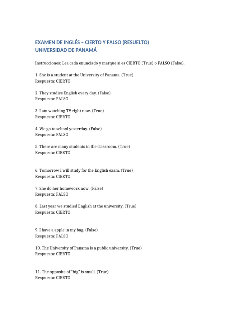 Examen Ingles Cierto y Falso Resuelto UP | PDF