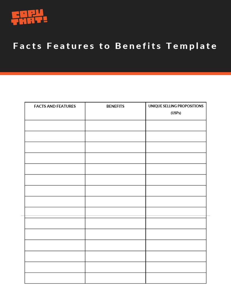 Fact Features To Benefits Template Printable | PDF