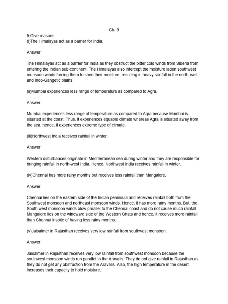 CL - 8 Geography Q - A | PDF | Monsoon | Rain