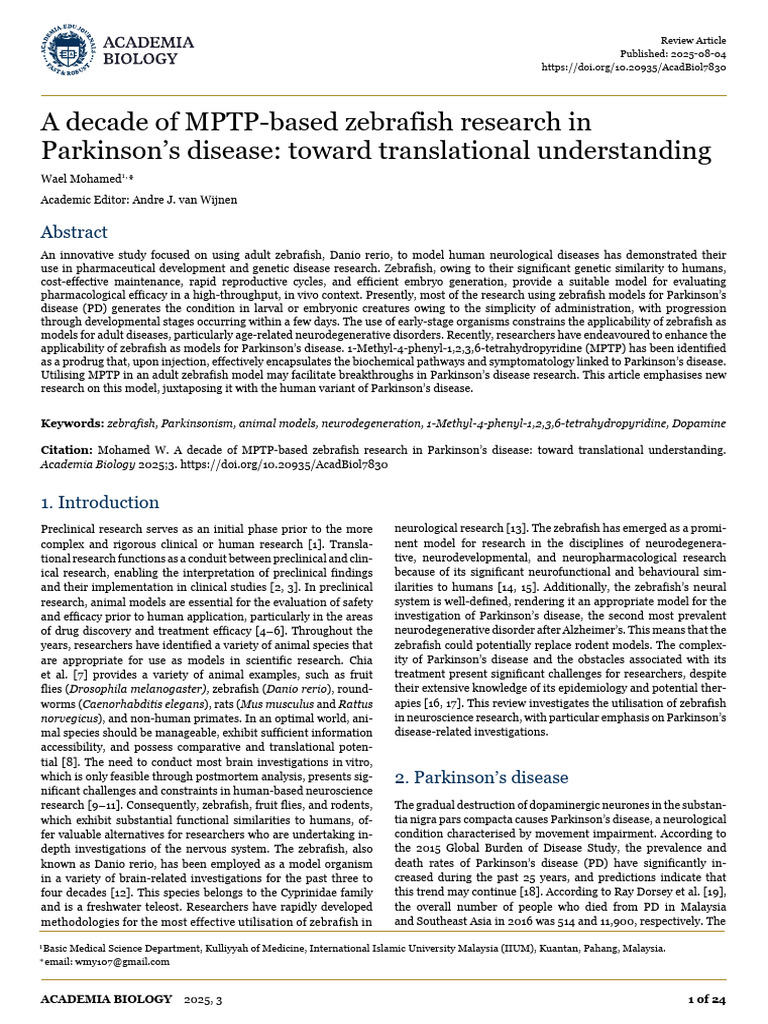 A Decade of MPTP Based Zebrafish Researc | PDF | Reactive Oxygen ...