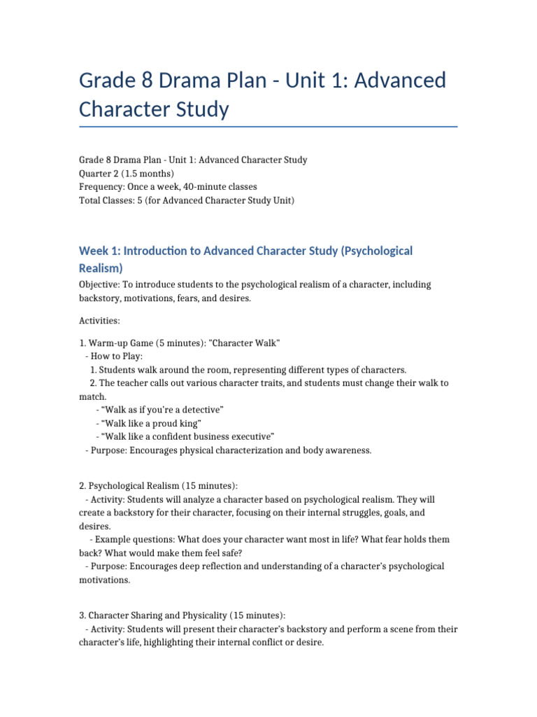 Grade 8 Drama Plan Unit 1 Advanced Character Study Updated | PDF ...