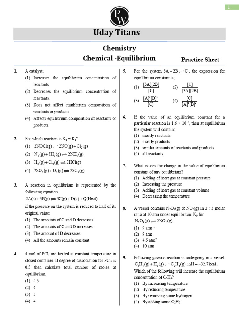 Chemical Equilibrium - Practice Sheet | PDF | Chemical Equilibrium ...