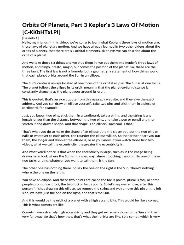 Orbits of Planets, Part 3 Kepler's 3 Laws of Motion (C-KKbHTxLPI) | PDF ...