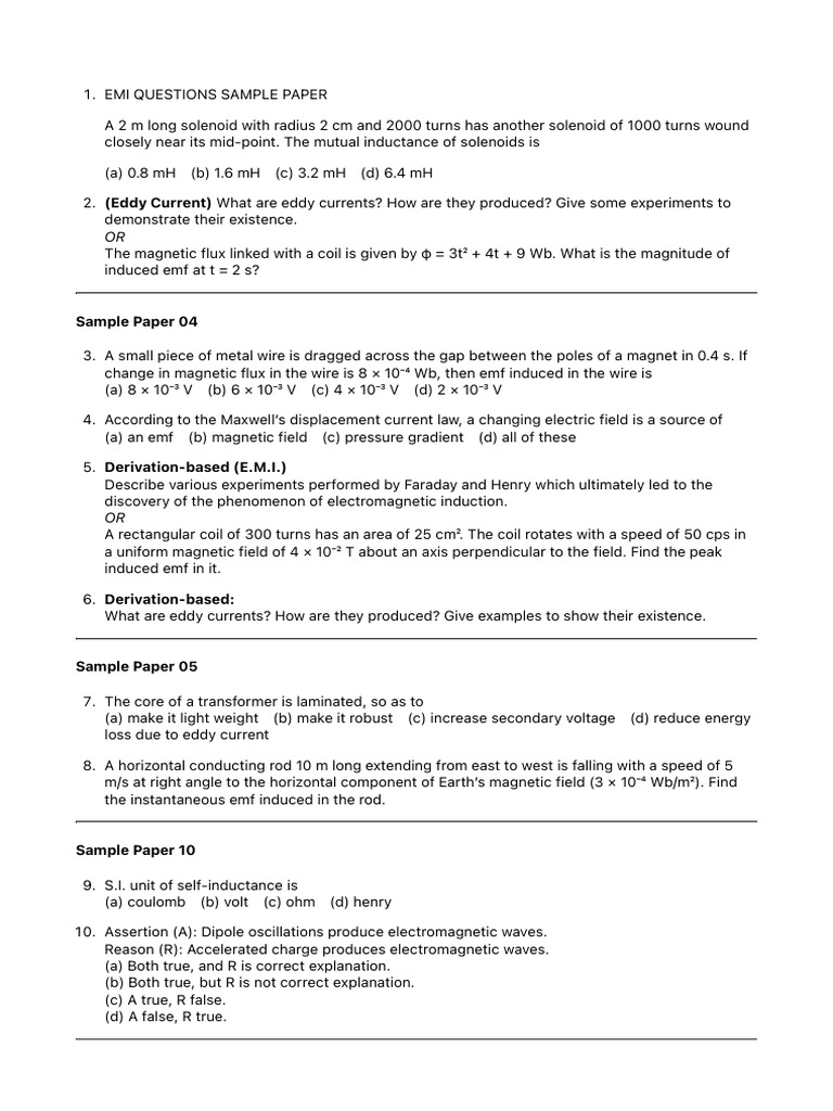 Emi Questions Sample Paper From Delhi Dps | PDF | Electromagnetic ...