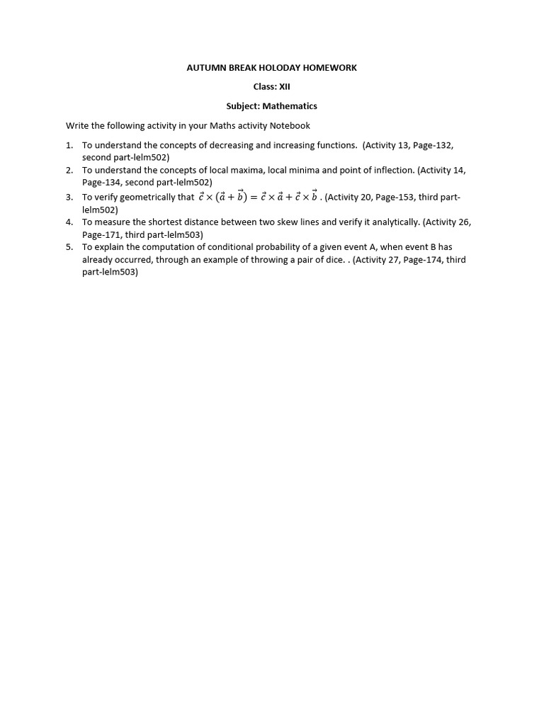 Class 12 Maths Autumn Break Holiday Homework-Maths | PDF
