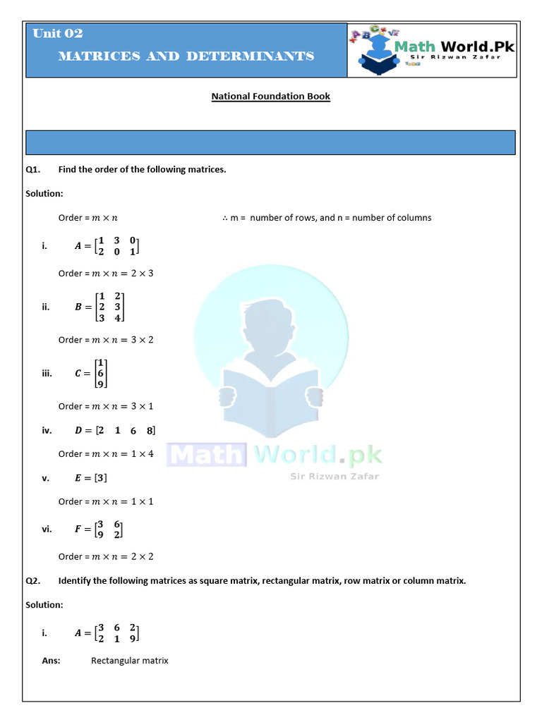 Ex. 2.1 FSC Part-1 National Foundation Book | PDF | Matrix (Mathematics ...