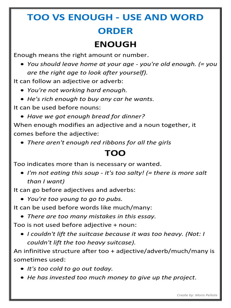 Too vs. Enough - Use and Word Order | PDF
