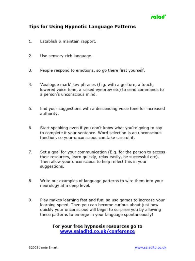 DA51 Tips For Using Hypnotic Language Patterns (Jamie Smart) | PDF