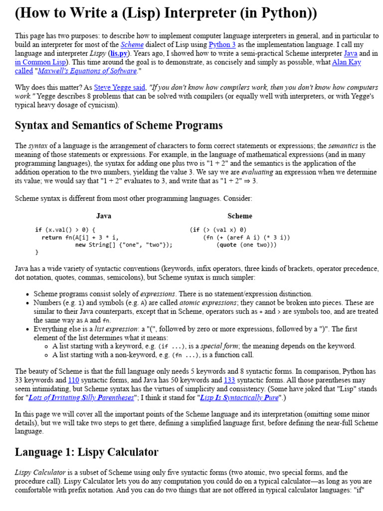 (How To Write A (Lisp) Interpreter (In Python) ) | PDF | Scheme ...