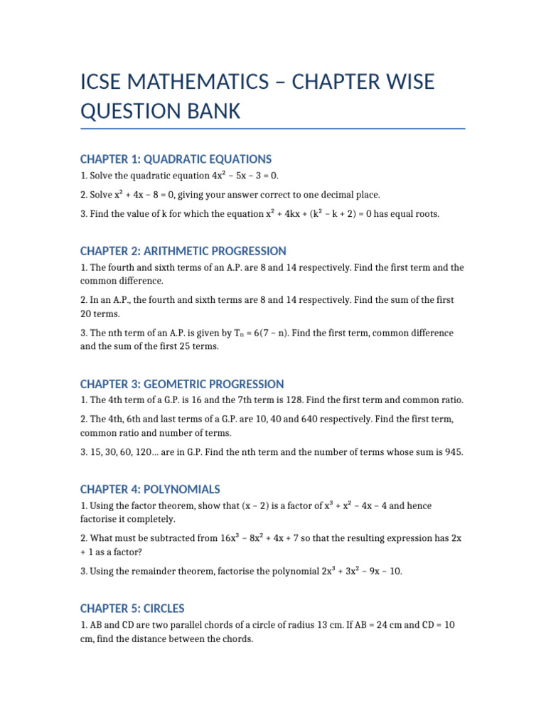 ICSE Chapter Wise Mathematics Question Bank | PDF | Factorization | Sphere