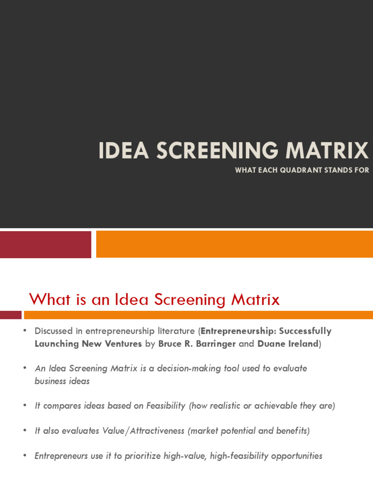 Idea Screening Matrix (Quadrants Explained) | PDF | Entrepreneurship ...