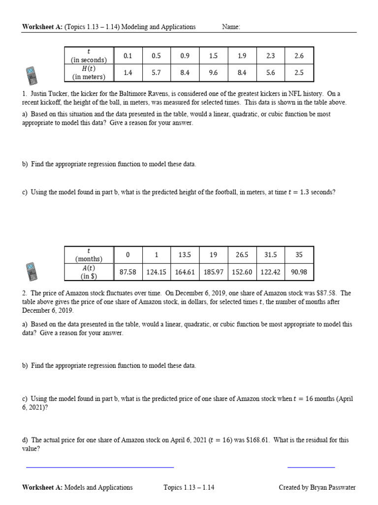 AP Precalculus Worksheet 1.13 1.14 Function Model Selection Assumption ...