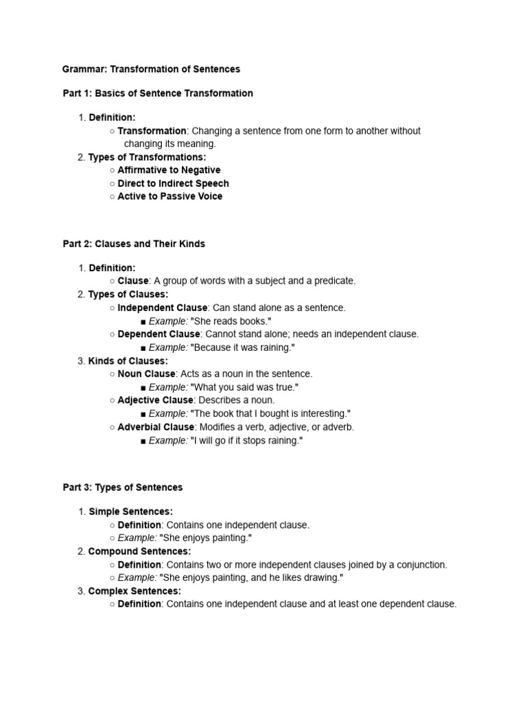 Grammar - Transformation of Sentences | PDF | Clause | Sentence ...