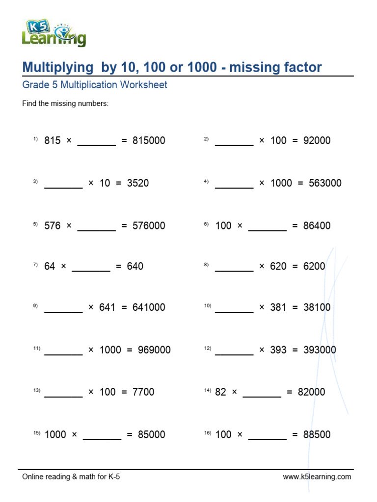 Worksheetsmathgrade 5 Multiply by 10 100 1000 C PDF | PDF