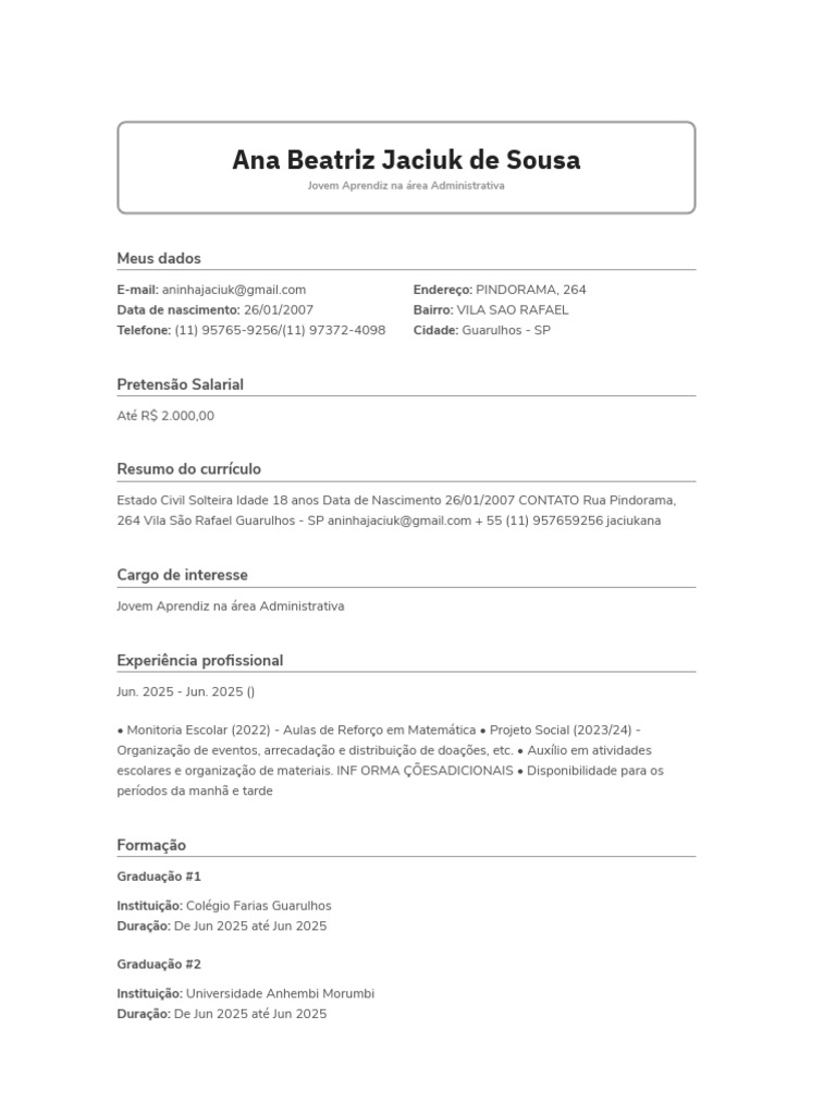 Curriculo Ana Beatriz Jaciuk de Sousa | PDF