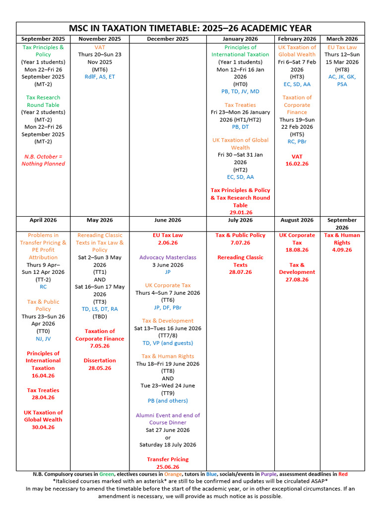 MSC Taxation Timetable 2025-26 August 2025 | PDF | Taxes | Services ...