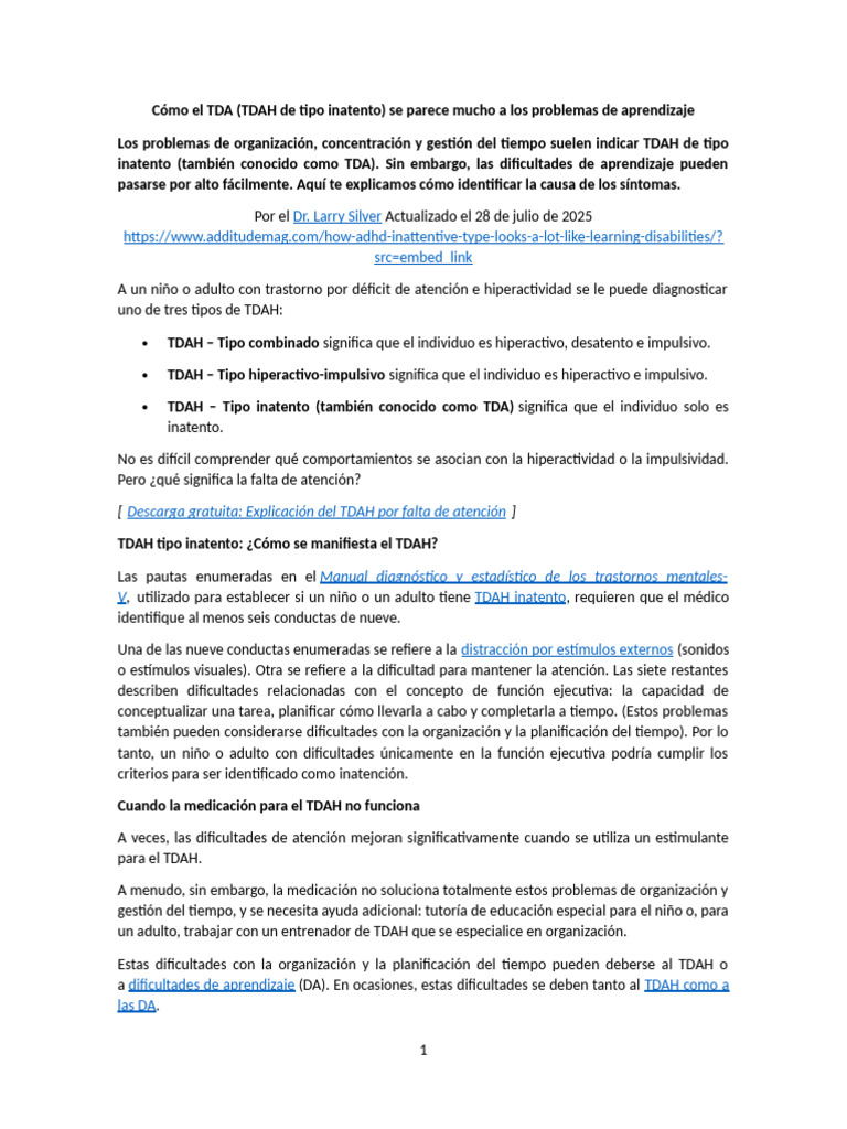 TDA (TDAH de Tipo Inatento) y TEApr | PDF | Desorden hiperactivo y ...