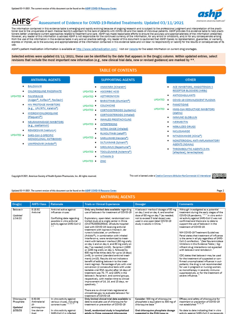 ASHP COVID 19 Evidence Table | PDF | Antiviral Drug | Medical Treatments