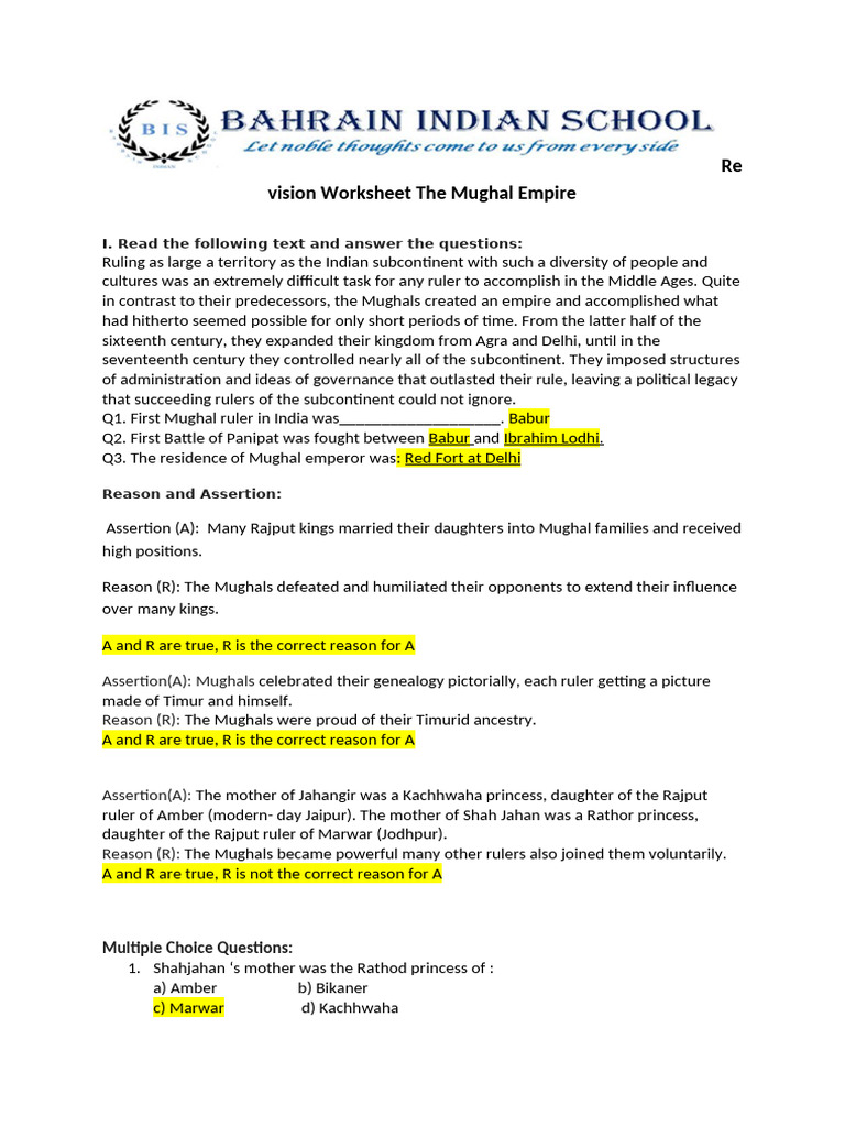 Mughal Empire REVISION Worksheet For Term 1 Answer Key | PDF | Mughal ...