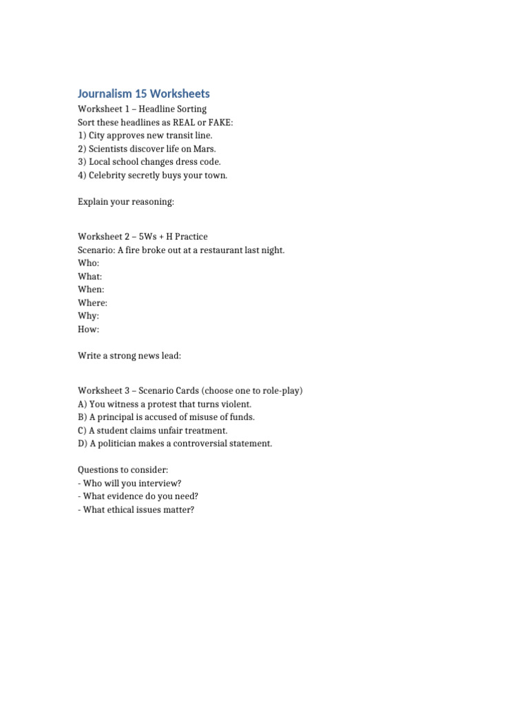 Journalism 15 Worksheets | PDF