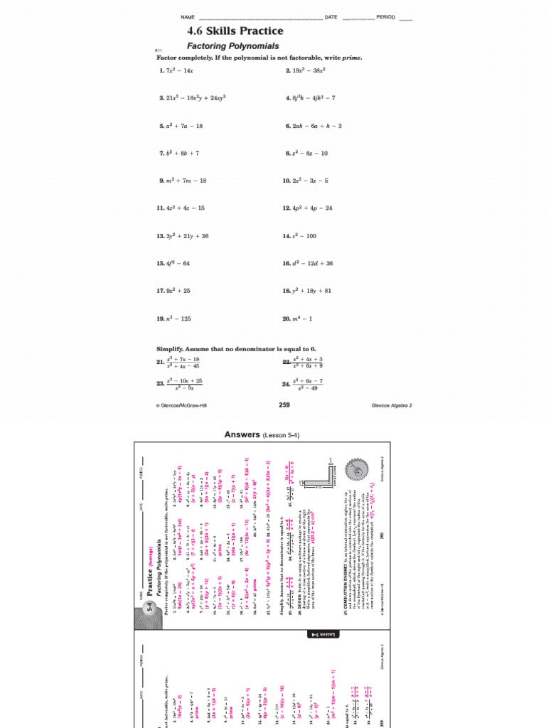 Factoring Polynomials Practice 4.6 | PDF