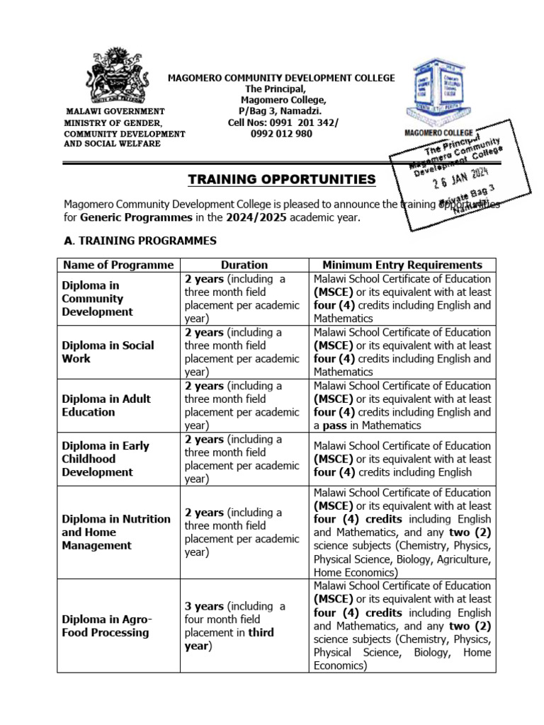 MCDC - Generic (2024-2025 Intake Magomero Advert) | PDF | Diploma