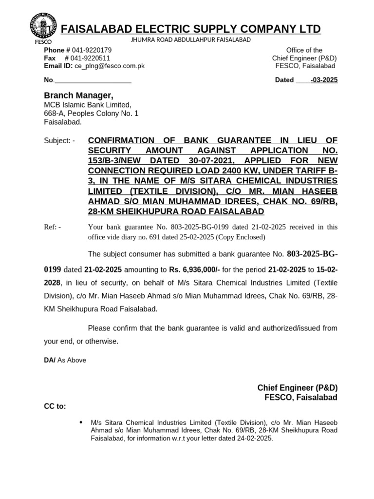 Bank Gurantee Confirmation Letter of Sitara Chemical Textile Division ...