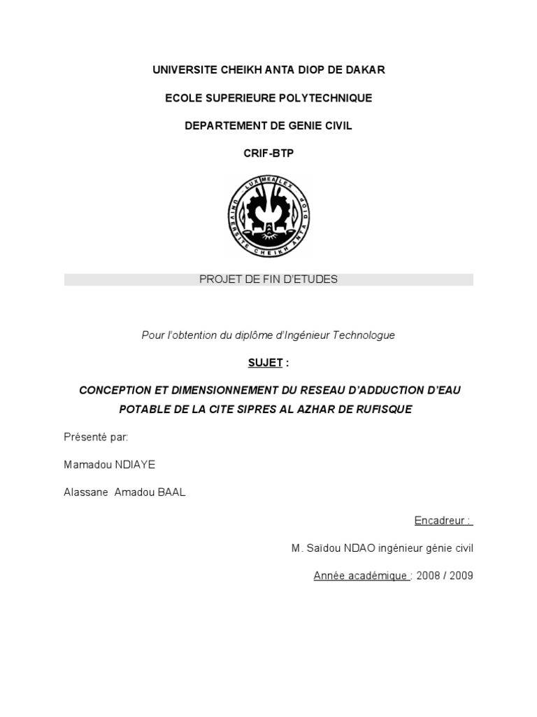 Conception Et Dimensionnement Du Reseau D'adduction D'eau Pfe-Mamad-Ndiaye | PDF | Pompe | Eau