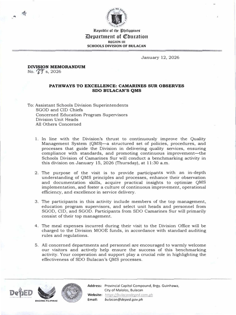 Division Memorandum No 27 S 2026 | PDF | Quality Management System ...