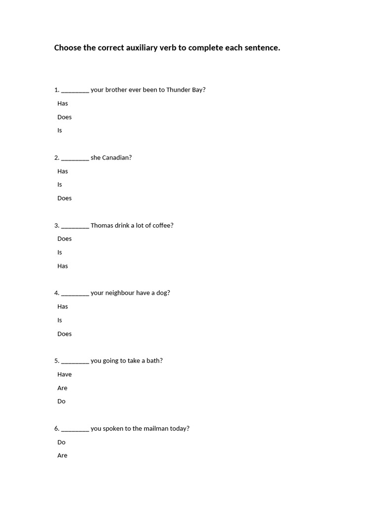 Auxiliary Verb To Complete Each Sentence | PDF