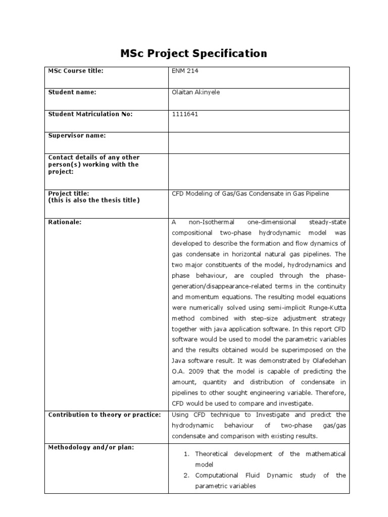 Msc Project Proposal Form March 11 Computational Fluid Dynamics Fluid Dynamics