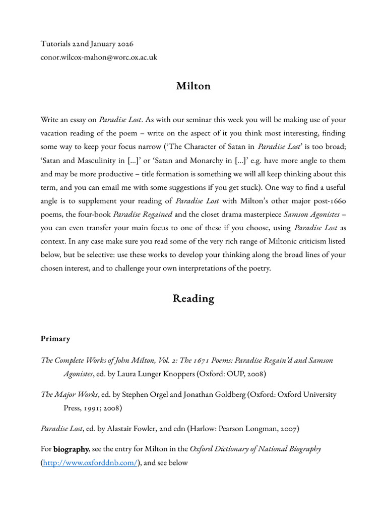 Milton Tutorial Reading | PDF | Paradise Lost | John Milton