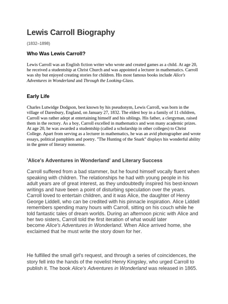 Lewis Carroll Bio 4 Ol Class | PDF