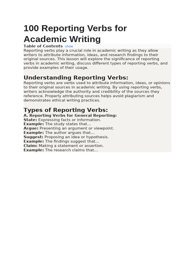 100 Reporting Verbs For Academic Writing | PDF | Plagiarism | Information